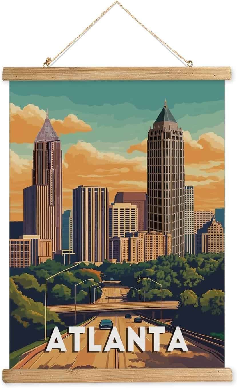 WREVERW Vintage Atlanta Poster Canvas Print with Wooden Hanger Frame ...